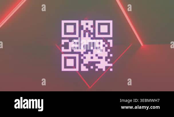 Animation of qr code over neon shapes. Global business and digital ...