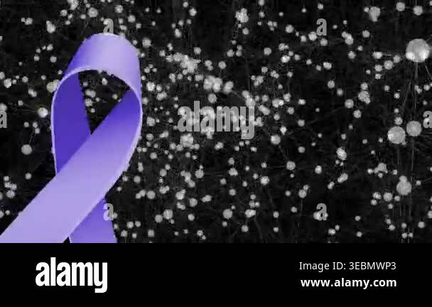 Animation of violet ribbon over connections on black background. health ...