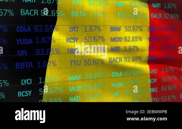 Animation of trading board over waving flag of belgium in background ...
