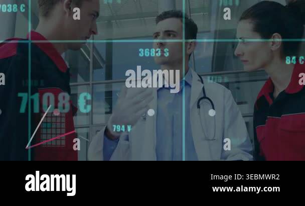 Financial data and graphs animation over diverse medical professionals ...