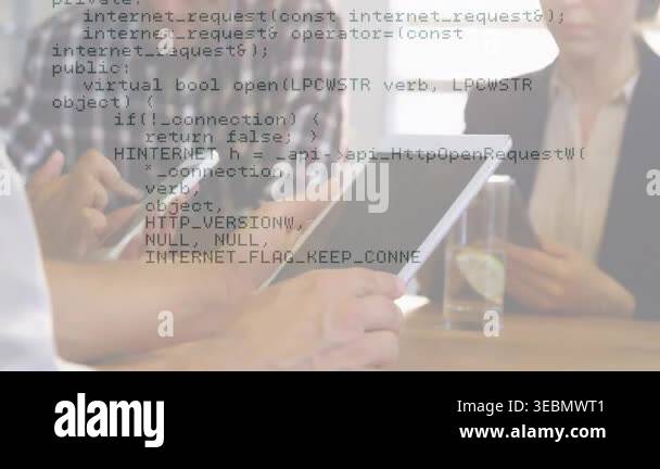 Using tablets and smartphones, people with programming code animation ...