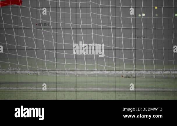 Soccer goal with data points and trajectory analysis animation over net ...