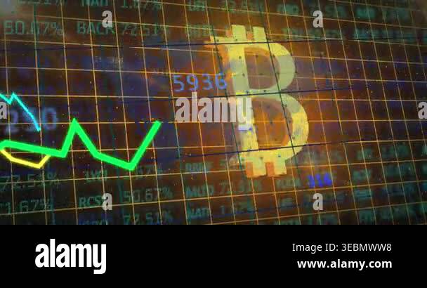 Animation of bitcoins, lines and financial data processing. Global ...