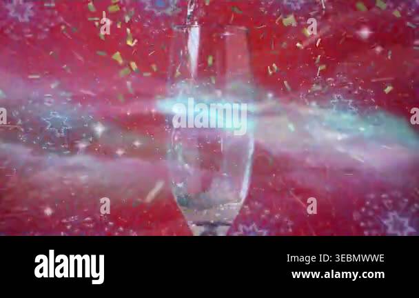 Animation of shapes and confetti over glass of champagne. Party ...