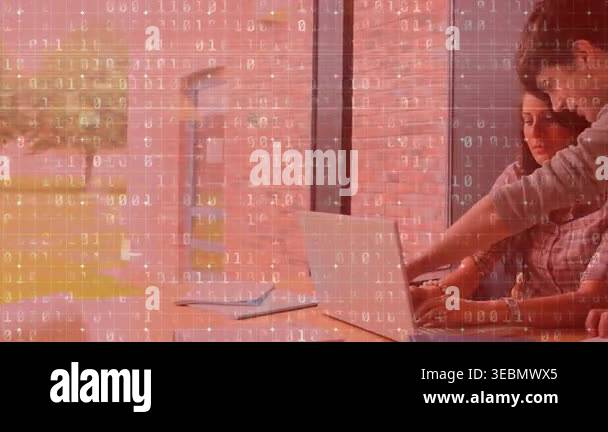 Animation of binary code over caucasian coworkers using laptop ...