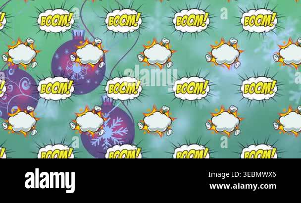 Animation of boom text banners in seamless pattern against hanging ...