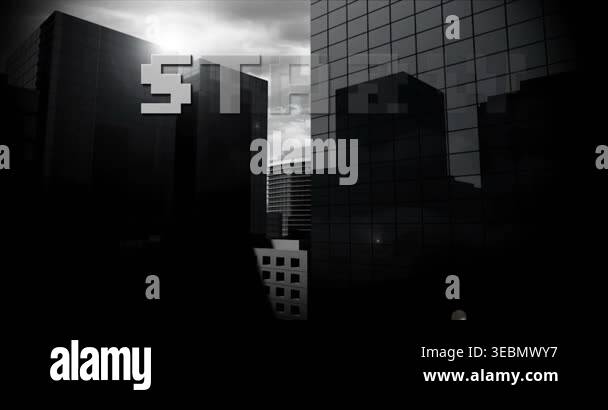 Animation of start text over cityscape. social media and digital ...