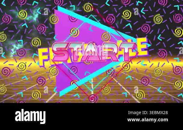 Animation of start text over shapes on black background. Social media ...