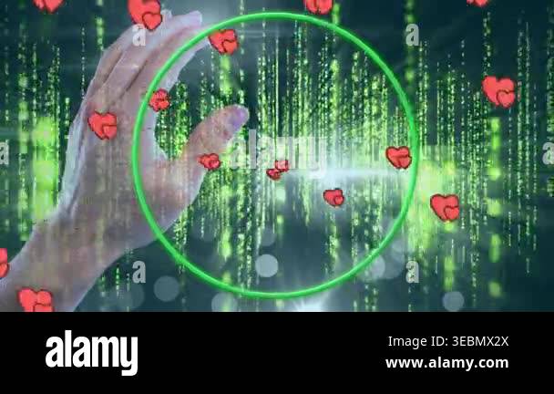 Animation of hearts over hand and data processing. Global technology ...