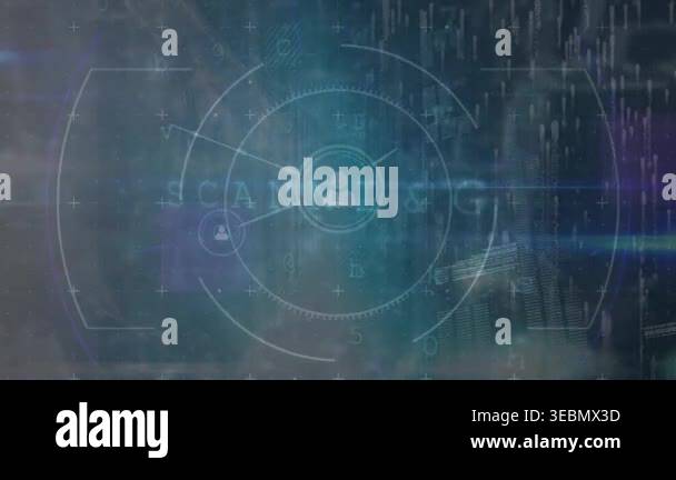 Animation of scope scanning and text over globe. Global connections ...