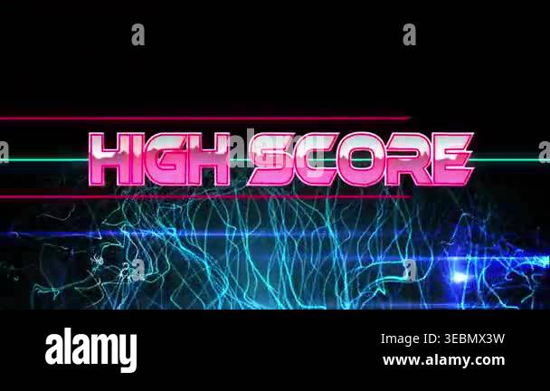Animation of high score text over neon shapes. Video game and digital ...