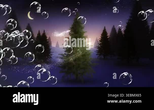 Animation of bubbles floating and shooting star over christmas tree on ...