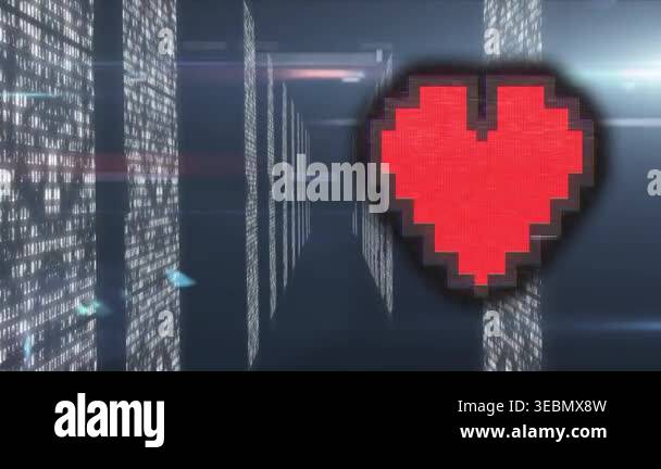 Animation of heart icon over light spots. social media and ...