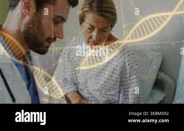 Male doctor explaining genetic results via tablet after patient ...