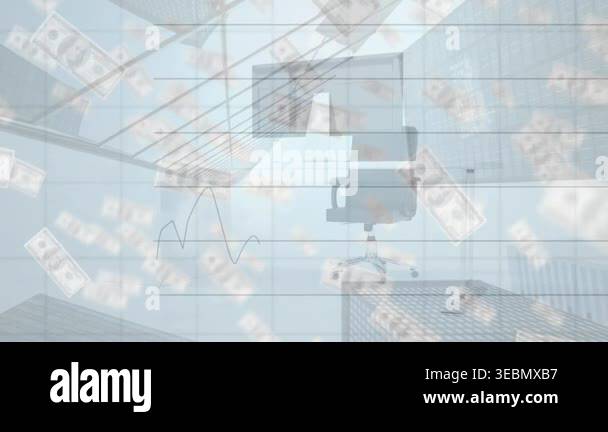 Animation of financial data processing over cityscape. Video game ...