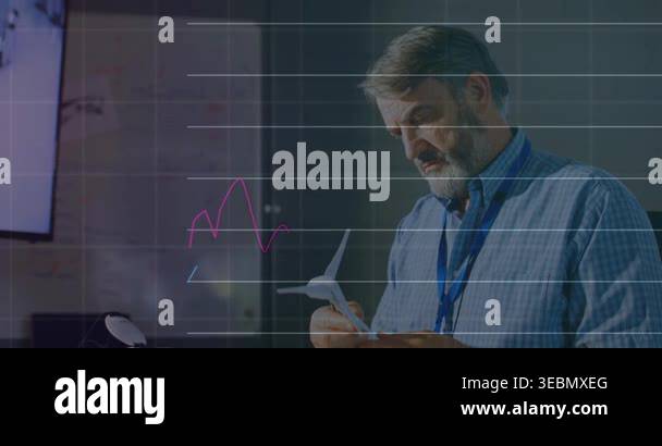 Animation of financial data processing over male architect working ...