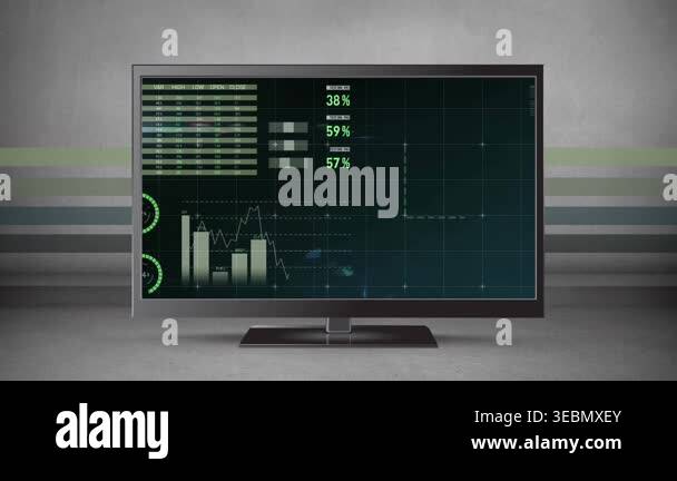 Animation of financial data processing on computer screen over lines on ...