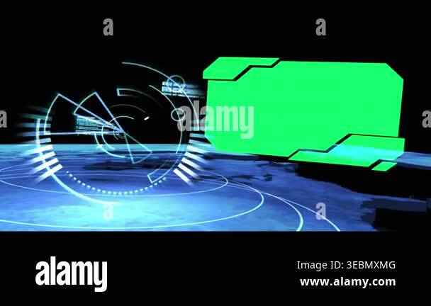 Animation of green banner with copy space and scope scanning over world ...