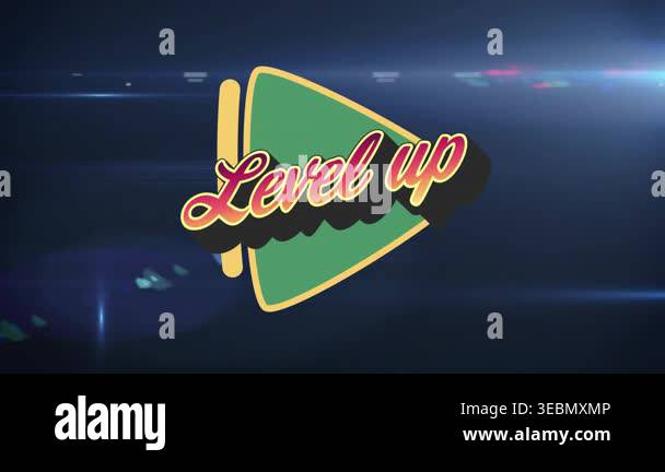 Level up text animation over blue shapes on dark background. design ...
