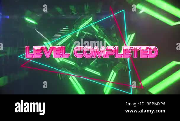 Animation of level completed text over neon tunnel. Social media ...