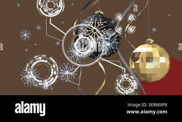 Animation of shapes and baubles over snow falling. Christmas ...