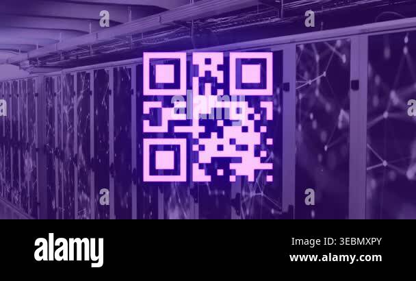 Animation of qr code over violet server room. Communication, global ...