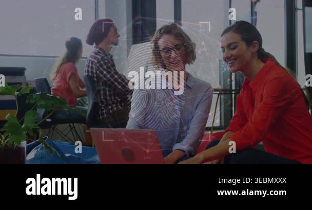 Animation of biometric fingerprint scanner over two diverse female ...
