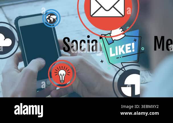 Animation of social media text and icons over hands using smartphone ...