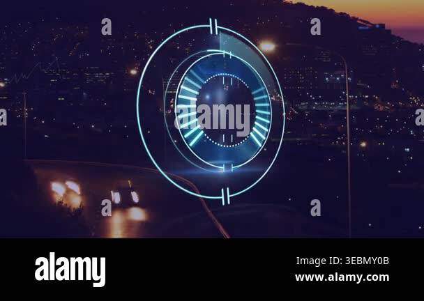 Animation of processing circle over night road traffic. Data processing ...