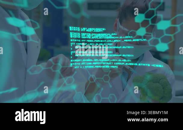 Animation of data processing over caucasian male and female scientists ...