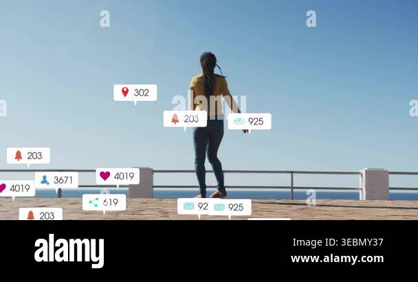 Content creator dancing on promenade railing, notifications multiplying ...