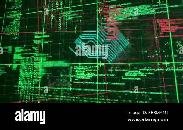 Animation of computer circuit board and data processing over grid ...