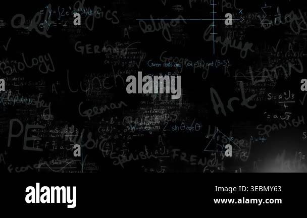Animation of mathematical equations over black background. Global ...