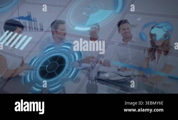Five business team sitting at glass table, discussing, HUD charts ...