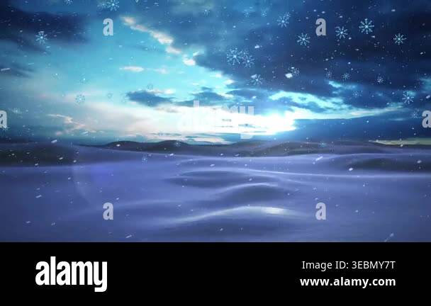 Animation of fir tree with decorations and snow falling over winter ...