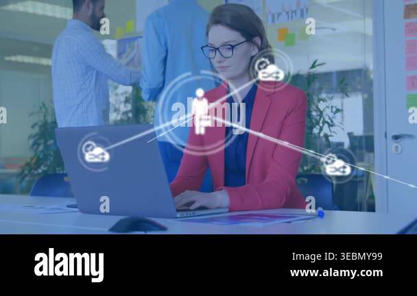 Working on laptop, businesswoman using network connections animation in ...