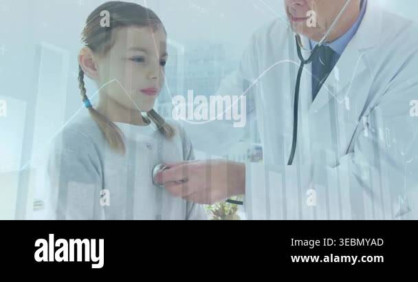 Animation of data processing over caucasian male doctor with girl ...