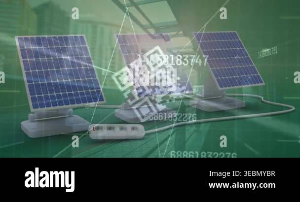 Animation of changing numbers and qr code scanner over solar panels ...