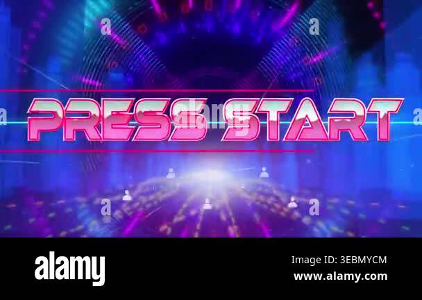 Animation of press start text over media icons. Social media and ...