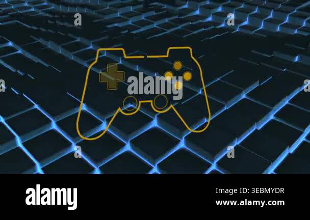 Animation of game pad controller over glowing blue squares. global ...