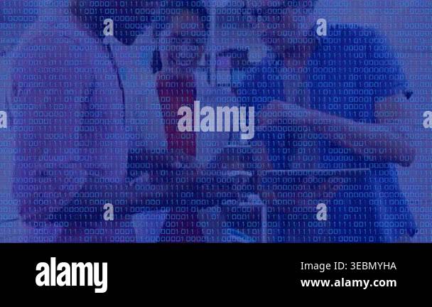 Animation of binary code over diverse female and male coworkers in ...
