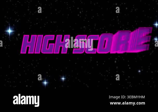 Animation of high score text over stars on black background. Social ...