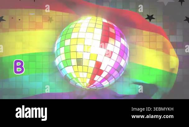 Animation of disco ball with stars and believe text over rainbow ...