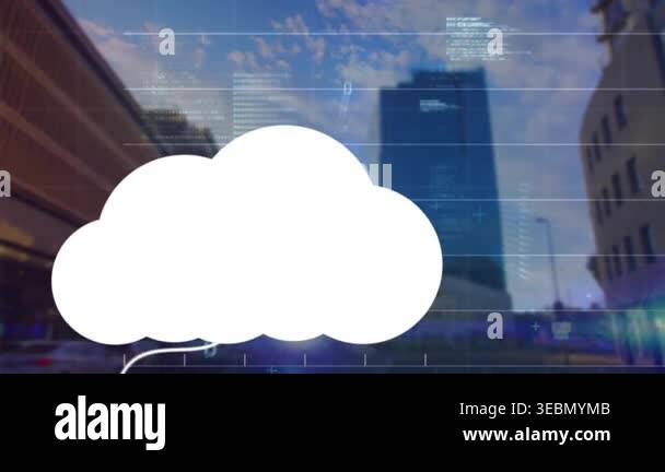Animation of clouds with technology icons over graphs and data ...