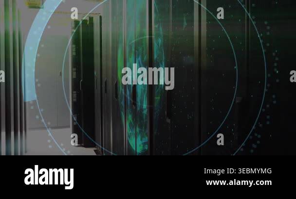 Animation of security padlock icon on round scanner and globe of plexus ...