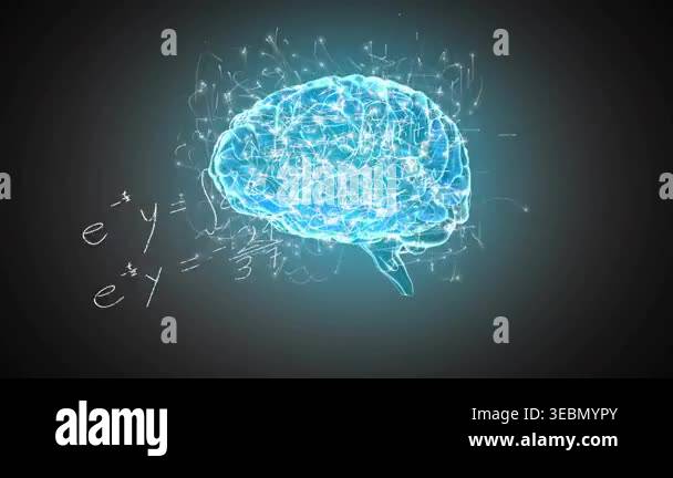 Animation of spinning brain over mathematical equations. Global science ...
