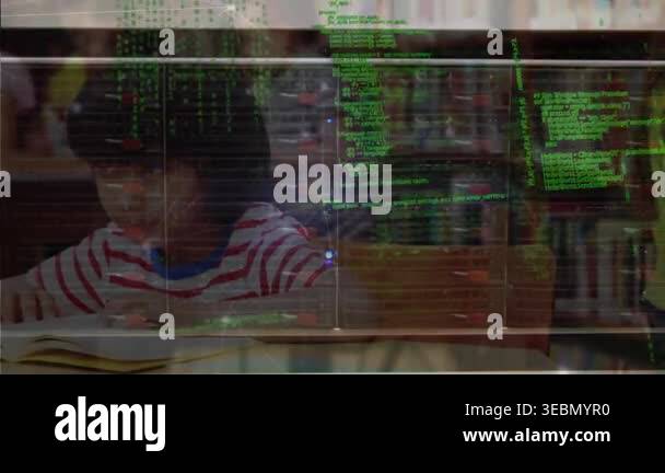 Animation of data processing over diverse schoolchildren in library ...