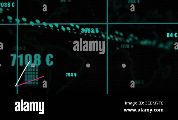 Financial data and currency exchange animation over bar and line graphs ...