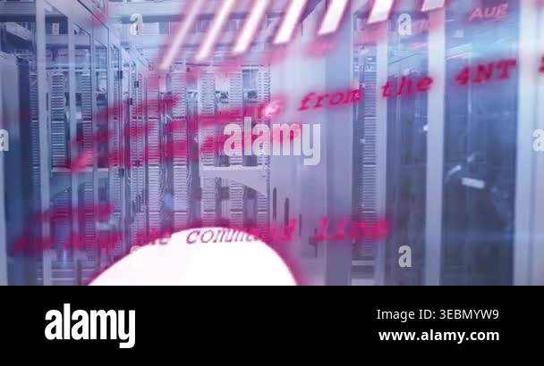 Animation of data processing and diagrams over server room. Global ...