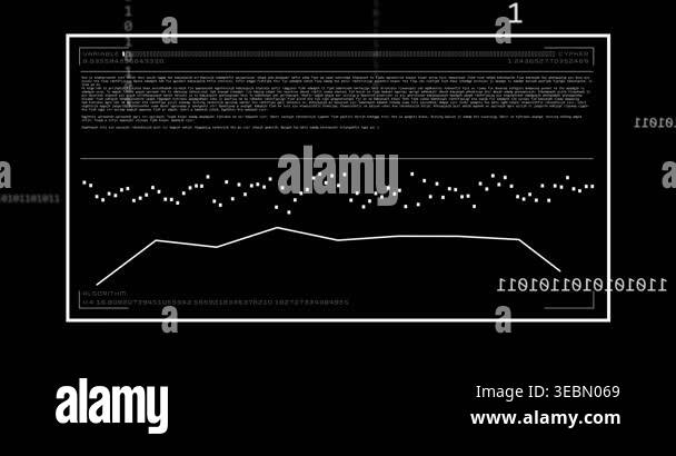 Animation of binary code and data graphs with algorithm text on black ...